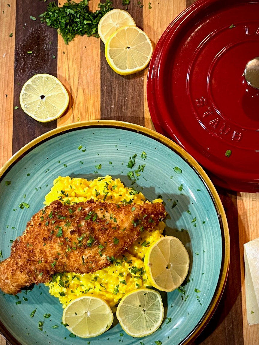Crunchy Chicken Cutlets with Saffron Risotto – The Intrepid Gourmet